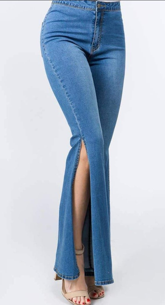 High Waist Bell Bottom Slit Denim Jeans – Dominique Nicole Boutique